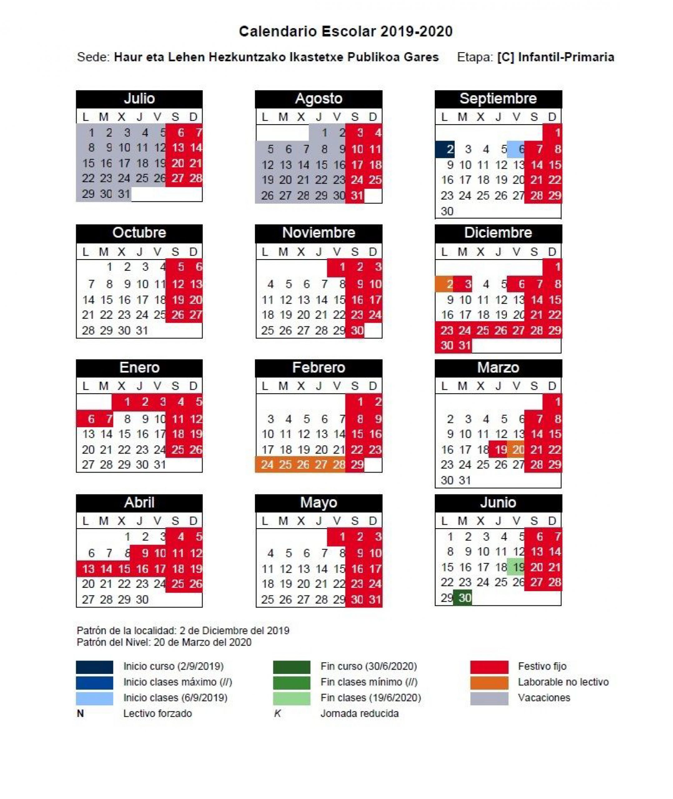 CALENDARIO ESCOLAR 2019-2020